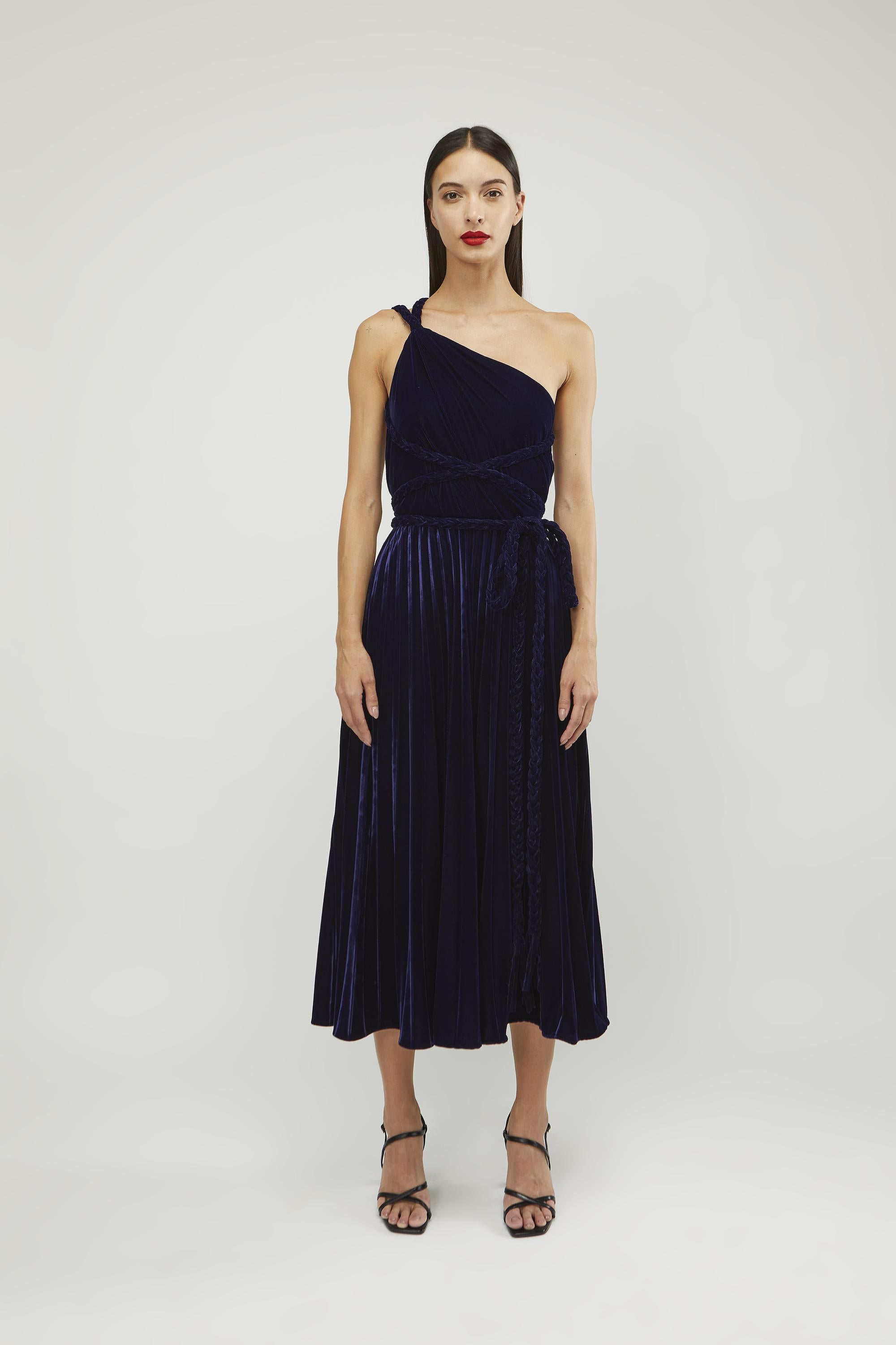 Velvet one shoulder braided dress with plisse hem – Gauri and Nainika