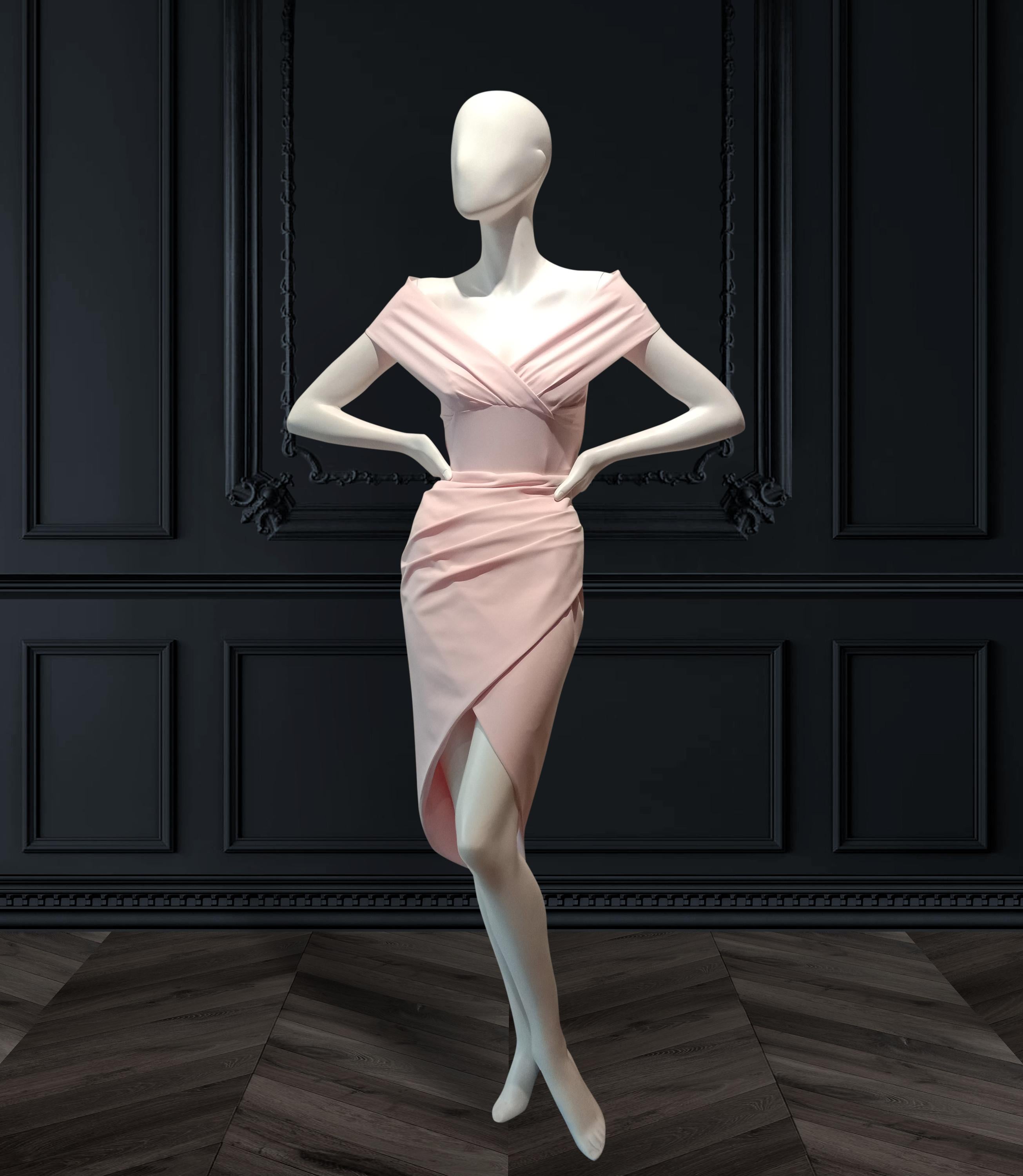 Off shoulder overlapping hem dress – Gauri and Nainika